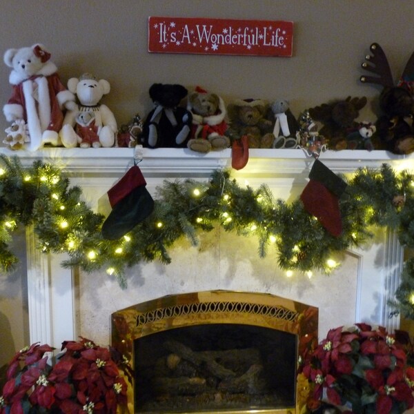 Primitive Christmas Sign It's A Wonderful Life Snowflakes Santa Red ...