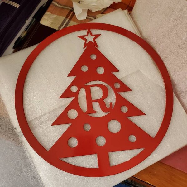 Monogram Christmas Tree, Metal Sign, Monogram Door Hanger, Christmas ...