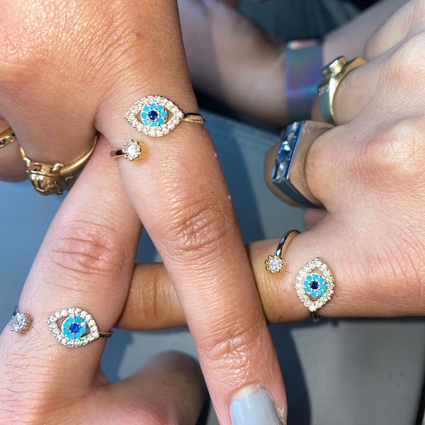 Minimalist Adjustable Evil Eye Ring, Zircon Evil Eye Charm Ring, Adjustable Minimalist Ring in ...