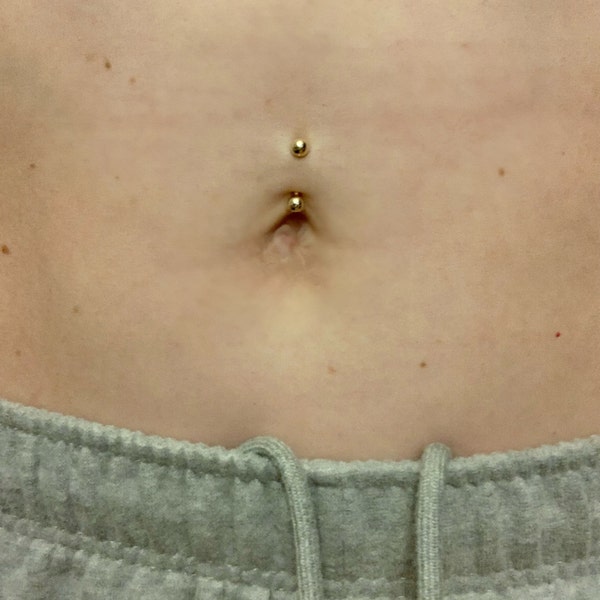 14k Solid Gold Belly Button Ring Navel Piercing Round Two Balls Bar ...