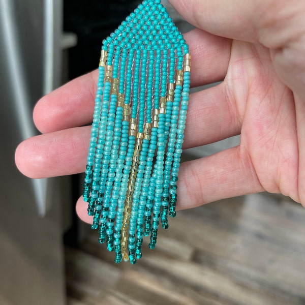 Turquoise Beaded Earrings Long Fringe Earrings Dangle Earrings Seed ...