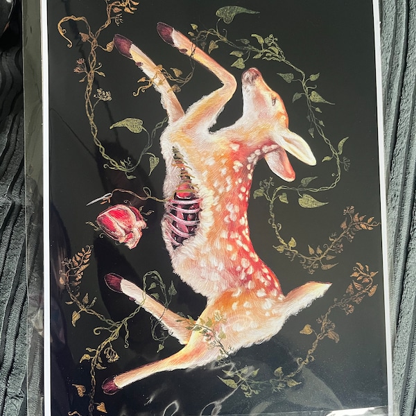 Gothic Fawn With Flowers Handmade Art Print, Deer Oddities ...
