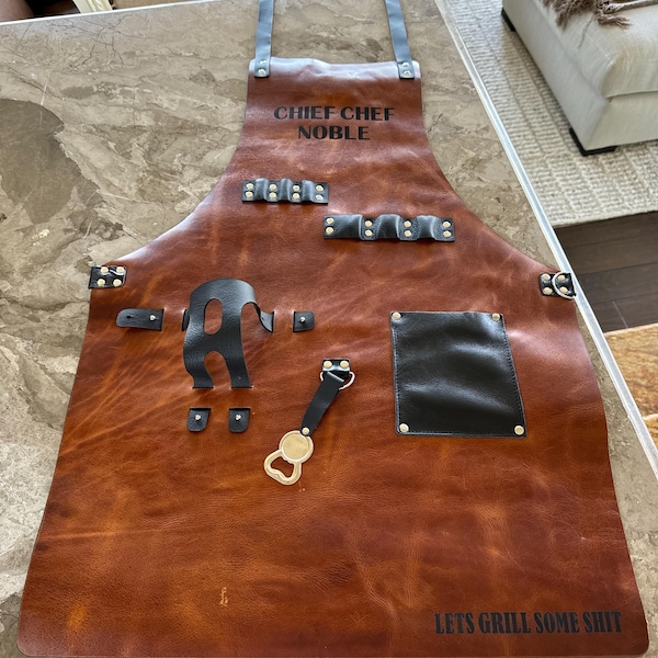 Custom Leather Apron With Pockets for Drinks BBQ, Barbecue, Grill ...
