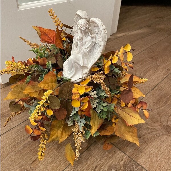 Carved Wooden Cross Centerpiece With Greenery and Purple Flowers ...