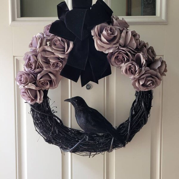 Halloween Raven Wreath, Gothic Crow Wreath, Black Fall Door Hanger ...
