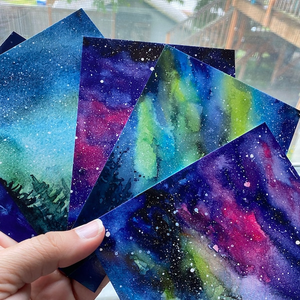 Galaxy Watercolor Postcards - Set of 5 - Nebula Art Aurora Northern ...