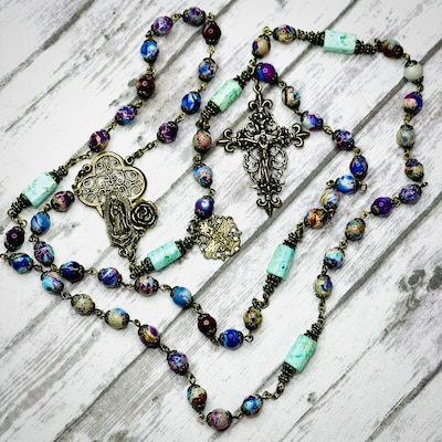 Virgin Mary Christopher Michael Turquoise Jasper Bronze Mens - Etsy