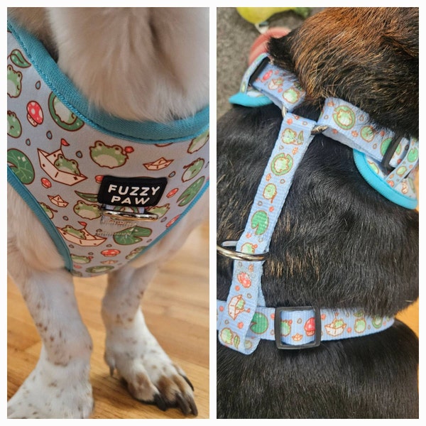Cute Kawaii Frogs & Mushrooms Dog Harness - Froggy Toads Adjustable Pet ...