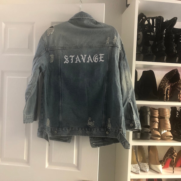 CUSTOM TEXT Long Oversized Denim Jacket Mid-wash Vintage Inspired and ...