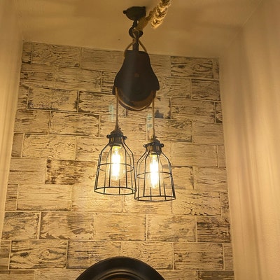 Rustic Farmhouse Pulley Lighting, Pendant Light With Antique Pulley for ...