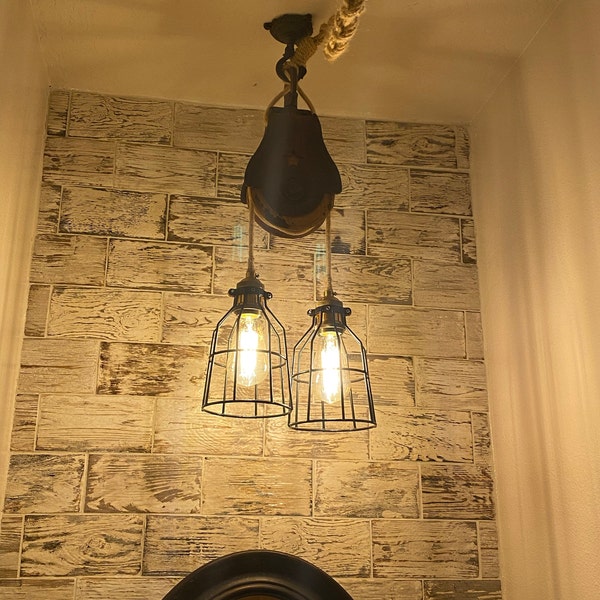 Rustic Farmhouse Pulley Lighting, Pendant Light With Antique Pulley for ...