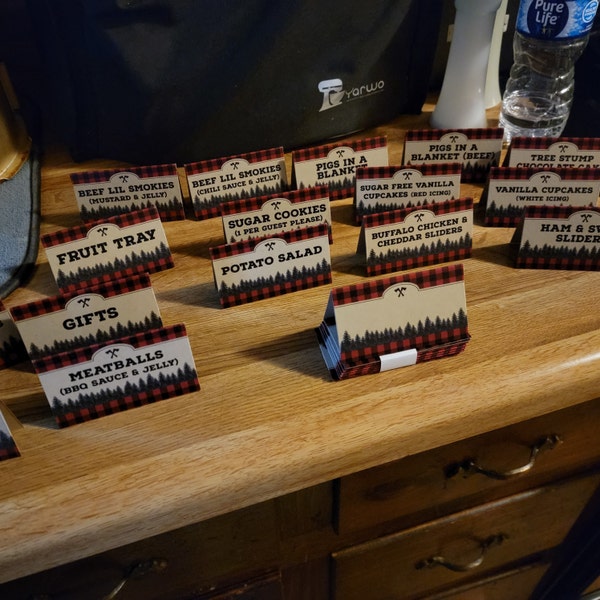 Lumberjack Party Food Tent Cards, Name Cards, Buffalo Plaid Camping ...