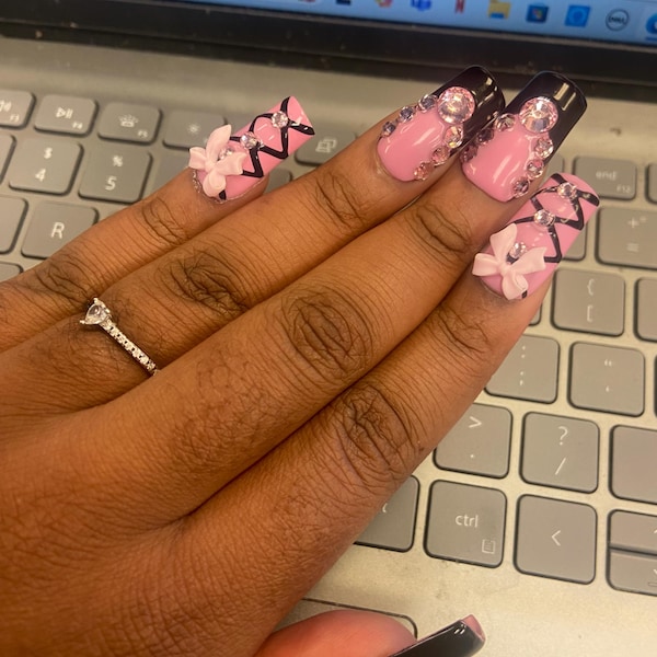Pink and Black XL Square Bling French Tip Press on Nails - Etsy
