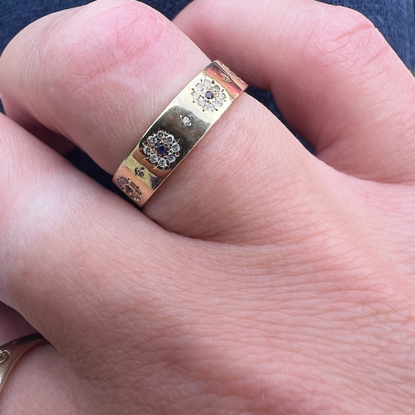 14k Solid Gold Sapphire Floral Wedding Band Pave Diamond Ring Women ...