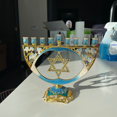 Jeweled Menorah With Hand of Fatima. Hand Made With Blue Enamel and ...