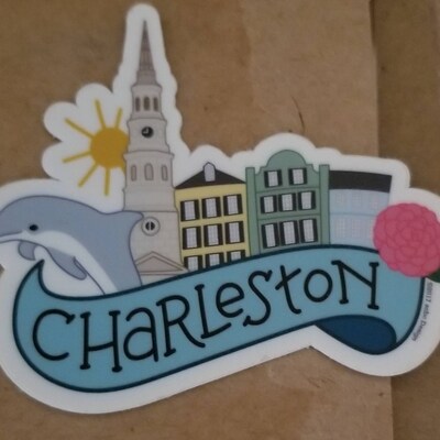 Charleston South Carolina Vinyl Sticker, Rainbow Row, Dolphin, Water ...