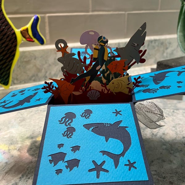 Ocean Pop up Card: Scuba Diver, Shark, and Sunken Treasure - Etsy