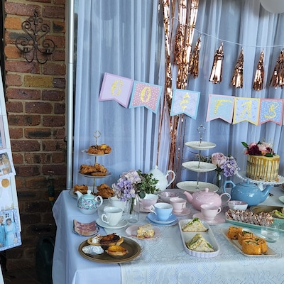 Cards and Gifts Tea Party Sign Par-tea Birthday Sign Pink Gold Floral ...