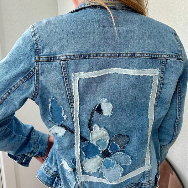 Denim Jacket, Jean Jacket, Upcycled Jacket Applique Ocean, Abstract ...