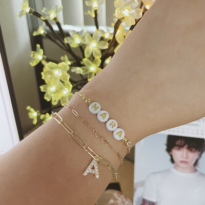 Brushed Gold Bar Bracelet Stackable Bracelet 6mm Heishi Beads Mothers Day Gift Neutral Bracelet ...