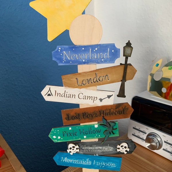 Gorgeous Peter Pan Neverland Freestanding Signpost Laser Cut Wood ...