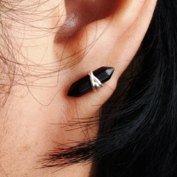 Obsidian Stud Earrings, Black Gemstone Studs, Minimalist Boho Jewelry ...