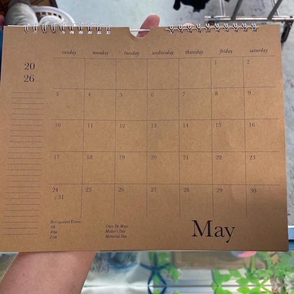 8in X 10in Natural Kraft Calendar / Simple Minimalist Calendar 2026 / ...