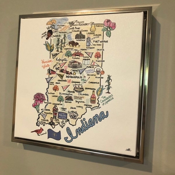 Indiana Art on Square Canvas, Indiana Map Canvas Art, Indiana Print for ...