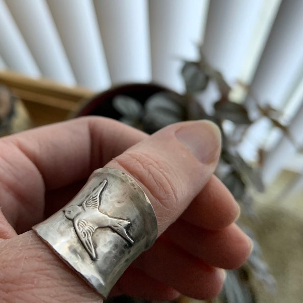 Sterling Silver Bird Ring, Wide Band, Bird Ring for Woman Unique, Thumb ...