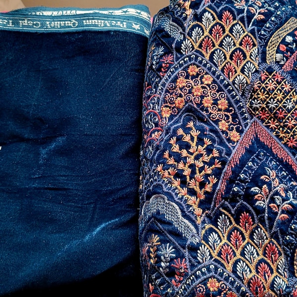 Teal Indian Embroidered Velvet Fabric by the Yard Sewing DIY Crafting ...