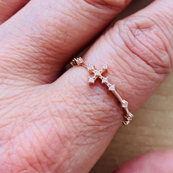 Sparkling Cross Rosary Ring 14k 18k Solid Gold CZ Diamond Catholic Ring ...