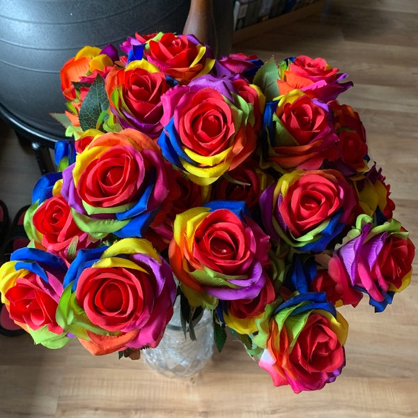 18 Stem Artificial Silk Rainbow Rose Flower Bush Bouquet for DIY Any ...