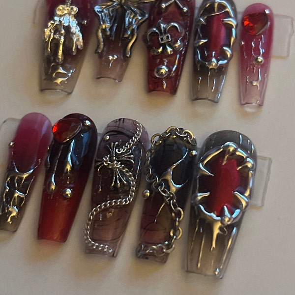 LM012 Gothic Black and Red Halloween Nails Silver Charms Decorated ...
