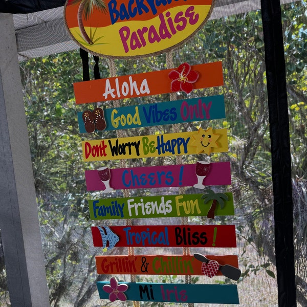 Backyard Paradise Hand Painted Wood Wall Hanger Sign Personalized Tiki ...