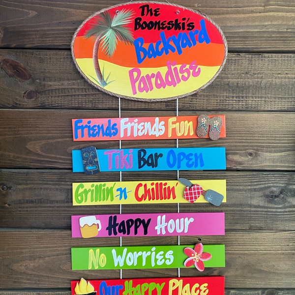Backyard Paradise Hand Painted Wood Wall Hanger Sign Personalized Tiki ...