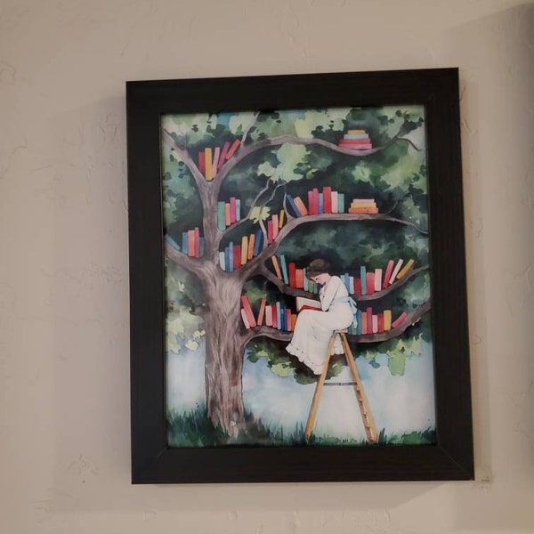 The Reader and the Tree Library - Watercolor Art Print - Etsy