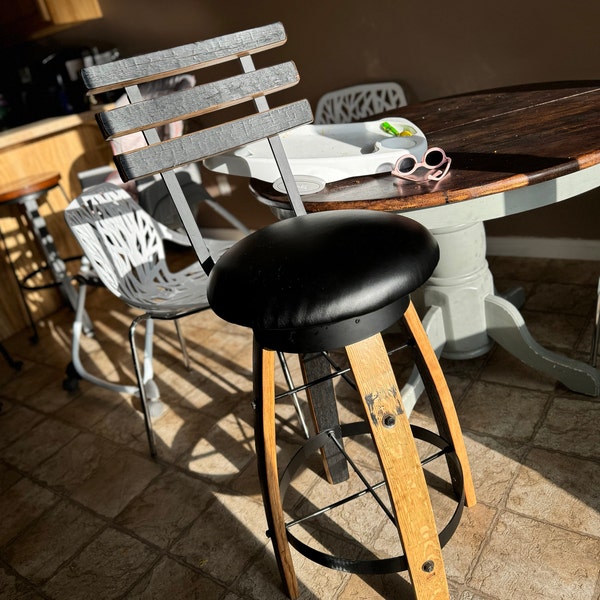 Whiskey Barrel Stave Bar Stools With Cushioned Swivel Seats and Backs ...