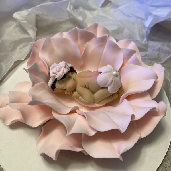 Baby on Flower Cake Topper Girl Baby Shower Cake Topper Pink Lily 3D ...