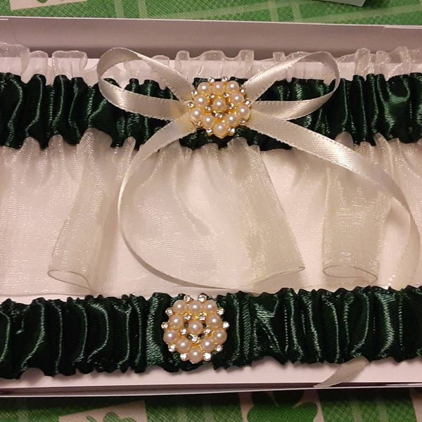 Emerald Dark Green Wedding Garter Set, Ivory Organza Bridal Garter Set ...