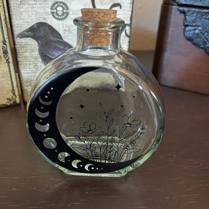 Moon Phase & Floral Glass Bottle With Cork Full Moon Dark Moon Moon ...