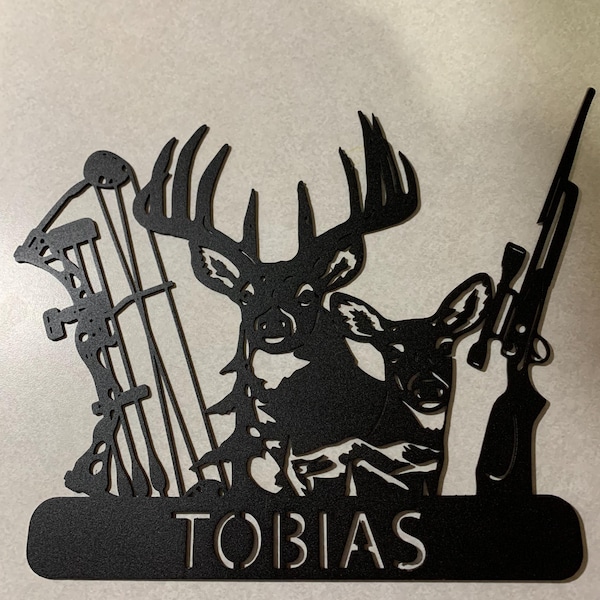 Custom Deer Hunter Metal Sign, Personalized Bow and Hunting Rifle Sign ...