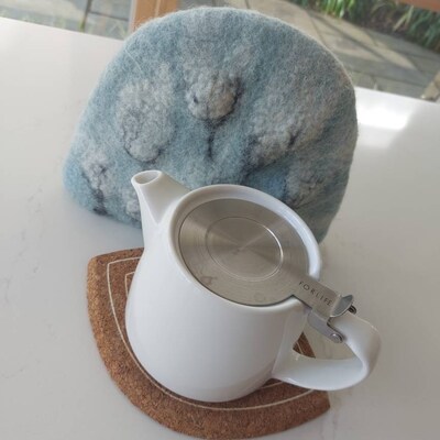Large Wet Felted Tea Cosy Blue Fluffy Bobbles on White Unique Gift for ...