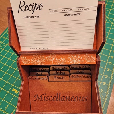 Recipe Box With Dividers & 4x6 Recipe Cards Personalized Engraved Wood ...
