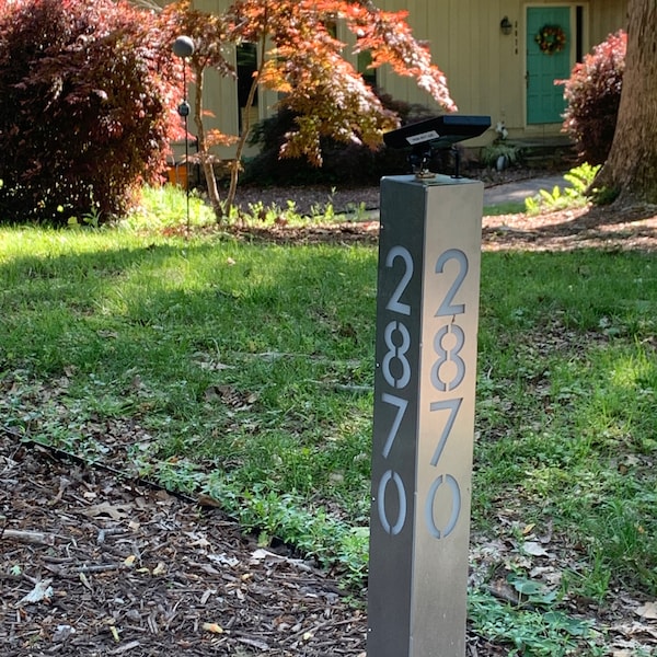 43" Tall Custom Stainless Steel Address Sign, Solar Powered LED Lighted ...