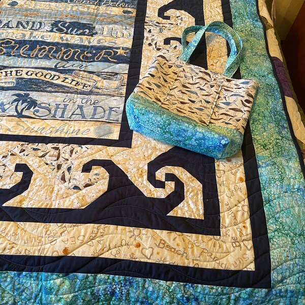 Surf's up Wave Fabric Quilt Panel Ocean Water Seashore Tropical Beach ...