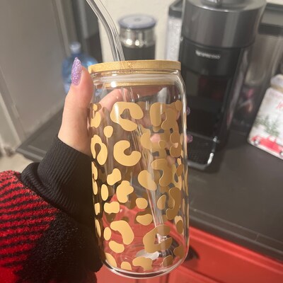 Leopard Print Iced Coffee Cup 16oz Glass Soda Can Reusable Cup With ...