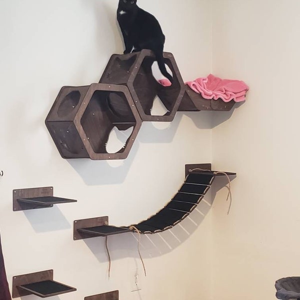 Cat Wall Mount Furniture, Cat Wall Bed, Wooden Cat Hexagon Shelves ...