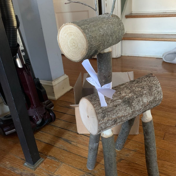 1 Rustic Log Reindeer, Outdoor Christmas Decor, Wooden Deer, Primitive ...