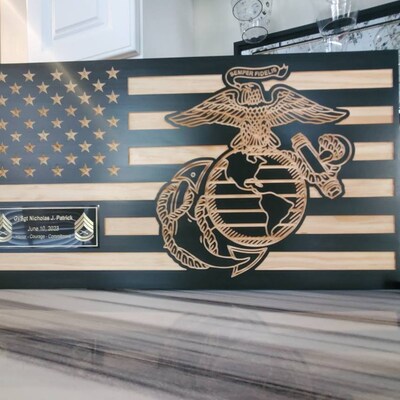 USMC Wooden American Flag, Personalized Military Retirement Gift, Black ...