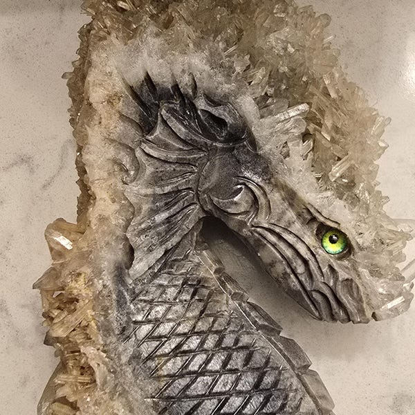 Hand-carved Dragon With Quartz Clusters Fierce Bedrock Dragon Sculpture ...